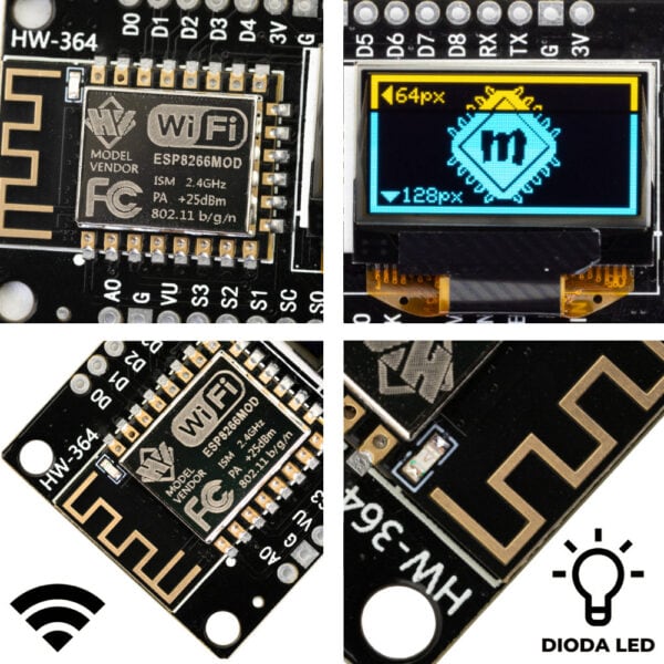 ESP8266 NodeMCU z wyświetlaczem OLED 0,96" 128x64px I2C CH340 z USB-C ...